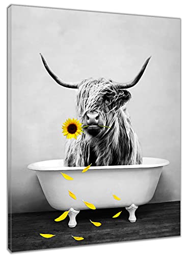 LB Highland Cow Canvas Wall Art Decor Western Wild Animal With Yellow Sunflower Artwork Picture Abstract Painting for Bedroom Living Room Bathroom Office Home Decor Framed Ready to Hang, 12x16 Inches