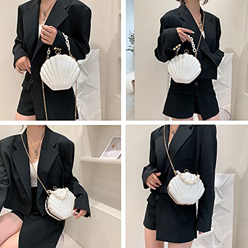 Women Seashell Evening Bag Purse Mermaid Chain Strap Clutch Handbag Shoulder Bag (Marble-White)