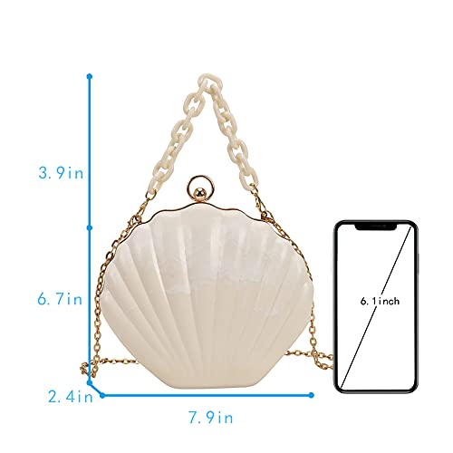 Women Seashell Evening Bag Purse Mermaid Chain Strap Clutch Handbag Shoulder Bag (Marble-White)