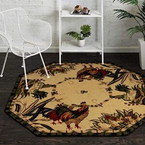 Unique Loom Barnyard Collection French Country Inspired Cottage Rooster Design Area Rug (5' 0 x 5' 0 Octagon, Ivory/Olive)