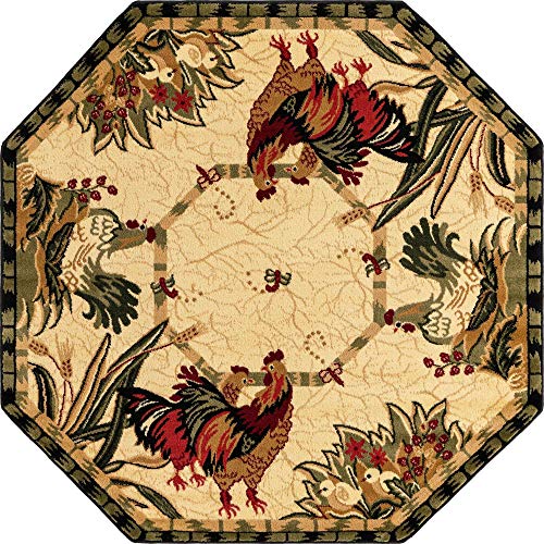 Unique Loom Barnyard Collection French Country Inspired Cottage Rooster Design Area Rug (5' 0 x 5' 0 Octagon, Ivory/Olive)