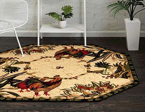 Unique Loom Barnyard Collection French Country Inspired Cottage Rooster Design Area Rug (5' 0 x 5' 0 Octagon, Ivory/Olive)