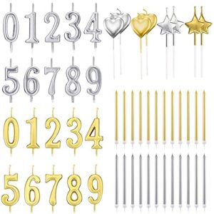 52Pcs Birthday Numeral Candles Set, FULANDL 20Pcs Number 0-9 Glitter Cake Topper Decoration with 32Pcs Long, Star, Heart Birthday Candles (Gold and Silver )