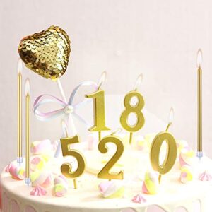 52Pcs Birthday Numeral Candles Set, FULANDL 20Pcs Number 0-9 Glitter Cake Topper Decoration with 32Pcs Long, Star, Heart Birthday Candles (Gold and Silver )