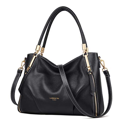 Women's Genuine Leather Tote Handbags, Top-handle Purses and Handbags for Women Satchel Shoulder Bags Structured Bags (Black)