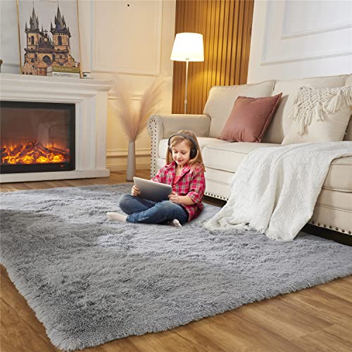 Area Rugs for Bedroom Living Room, 5ft x 7ft Light Gray Fluffy Carpet for Teens Room, Shaggy Throw Rug Clearance for Nursery Room, Fuzzy Plush Rug for Dorm