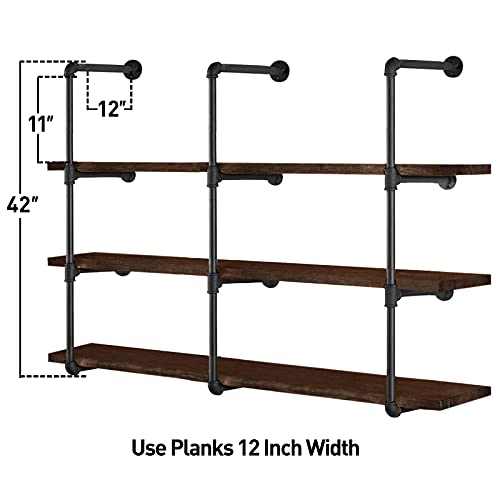 HITOMEN Industrial Iron Pipe Shelves Shelf Brackets Black Vintage Retro Shelving Wall Mounted DIY Open Bookshelf Rustic Farmhouse Pantry Kitchen Storage (3Pcs 4 Tier, 42" Tall 12" Deep, Hardware Only)