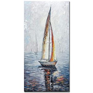 v-inspire art,24x48 inch modern abstract hand painted oil paintings sailing boat on the sea acrylic canvas hanging painting living room bedroom wall art home decoration