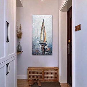 V-inspire Art,24X48 Inch Modern Abstract Hand Painted Oil Paintings Sailing Boat On The Sea Acrylic Canvas Hanging Painting Living Room Bedroom Wall Art Home Decoration