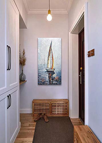 V-inspire Art,24X48 Inch Modern Abstract Hand Painted Oil Paintings Sailing Boat On The Sea Acrylic Canvas Hanging Painting Living Room Bedroom Wall Art Home Decoration