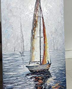 V-inspire Art,24X48 Inch Modern Abstract Hand Painted Oil Paintings Sailing Boat On The Sea Acrylic Canvas Hanging Painting Living Room Bedroom Wall Art Home Decoration