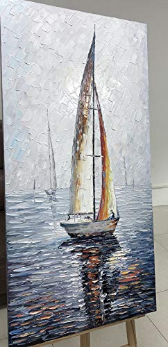 V-inspire Art,24X48 Inch Modern Abstract Hand Painted Oil Paintings Sailing Boat On The Sea Acrylic Canvas Hanging Painting Living Room Bedroom Wall Art Home Decoration