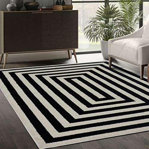 Abani Contemporary Black & Ivory 7'9" x 10'2" Area Rug, Contrasting Geometric Modern Stripe Symmetrical Living Room Carpet Rugs