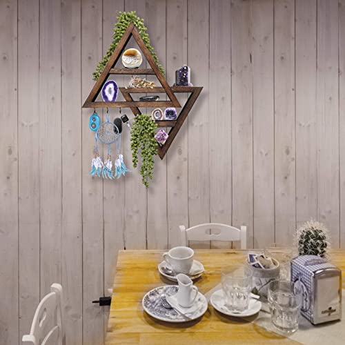 FM Moon Phase Triangle Shelf with Hooks - Moon Shelf for Crystal Display - Jewelry Hanger Key Holder - Aesthetic Room - Boho Moon Decor - Farmhouse Wall Decor (Small, Dark Brown)