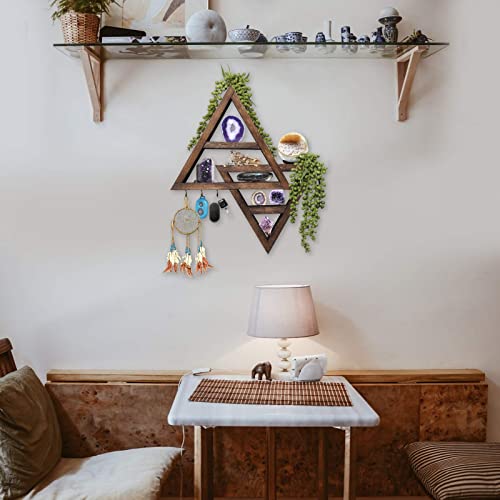 FM Moon Phase Triangle Shelf with Hooks - Moon Shelf for Crystal Display - Jewelry Hanger Key Holder - Aesthetic Room - Boho Moon Decor - Farmhouse Wall Decor (Small, Dark Brown)