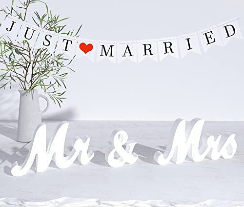 VIOPVERY Wedding Decorations Set,Large Mr and Mrs Sign & Just Married Banner,Mr & Mrs Signs for Wedding Table,Wooden Letters Sweetheart Table,Photo Props Wedding Decorations for Anniversary,White