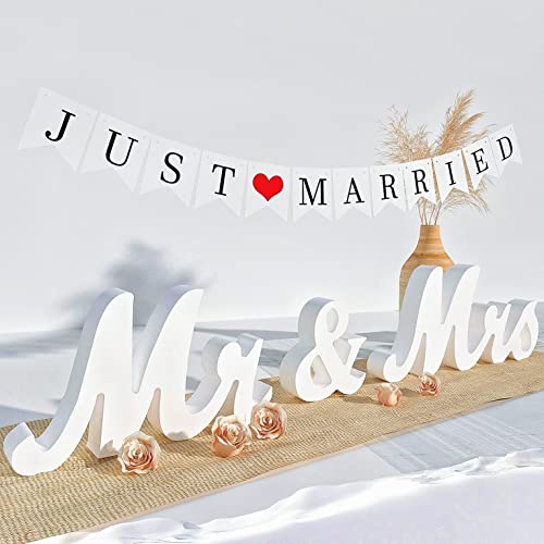 VIOPVERY Wedding Decorations Set,Large Mr and Mrs Sign & Just Married Banner,Mr & Mrs Signs for Wedding Table,Wooden Letters Sweetheart Table,Photo Props Wedding Decorations for Anniversary,White