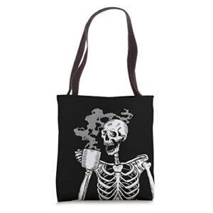 black like my soul skeleton drinking coffee or death tote bag