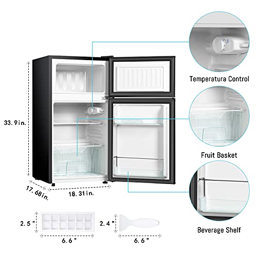 HAILANG Mini Fridge With Freezer,3.2 Cu.Ft Compact Refrigerator With 2 Doors For Bedroom,Office,Kitchen,Apartment,Dorm (Black.)