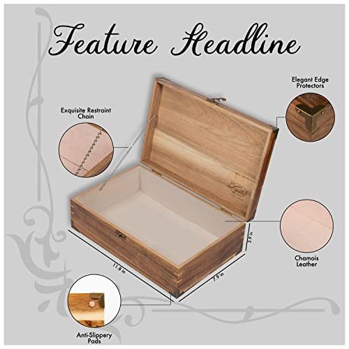 Lignotie Memory Keepsake Box - Large Wooden Box with Hinged Lid - Rustic Decorative Wood Storage Box with Chamois Leather Lining