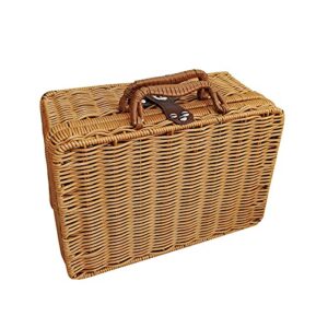 misnode rattan suitcase, rattan storage basket makeup organizer, vintage rattan handbag, straw storage box with handles, leather strap metal lock retro suitcase prop box, artificial woven organizer, l