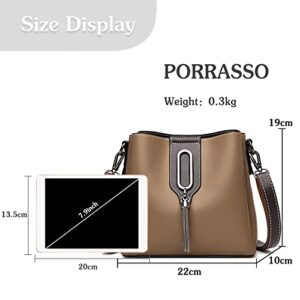 PORRASSO Women Handbag Fashion Bucket Bag Ladies Crossbody Bag Satchel Tote Top Handle Bags Leather Waterproof Shoulder Bag for Work School Travel Daily Use Khaki