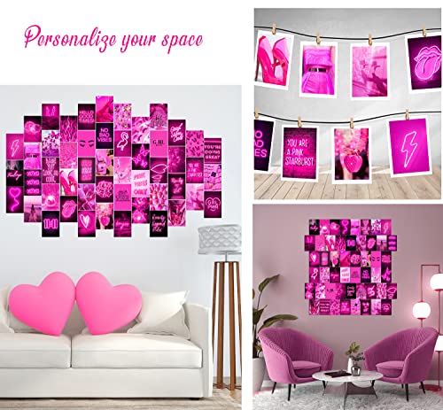 Woonkit Pink Neon Wall Collage Kit Aesthetic Pictures, Trendy Room Decor for Teen Girls, Pink Collage Kit, Hot Pink Room Decor, Pink Room Decor Aesthetic, Hot Pink Wall Decor, 50pcs 4x6 Inch