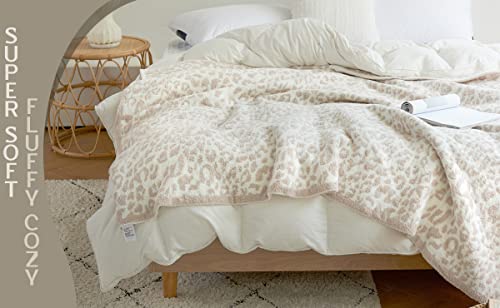 100% Polyester Microfiber Fluffy Leopard Knitted Throw Blanket Super Soft Cozy Lightweight Thick Blanket for Sofa Couch Bed 51"X71" Stone /Cream¡­