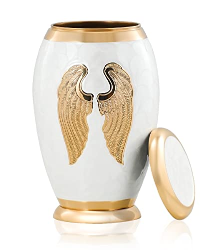 Nazareth Store Wings Adult Cremation Urn for Human Ashes Elegant Elite Pearl White with Gold Flower,Hand Made Brass Classy Finish to Honor Your Loved One - with Velvet Box