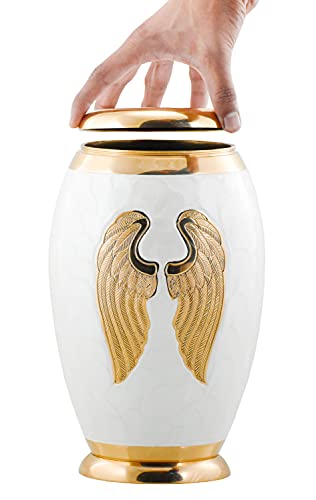 Nazareth Store Wings Adult Cremation Urn for Human Ashes Elegant Elite Pearl White with Gold Flower,Hand Made Brass Classy Finish to Honor Your Loved One - with Velvet Box