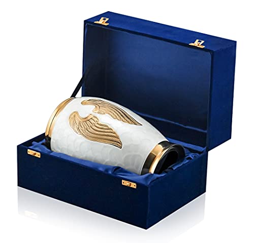 Nazareth Store Wings Adult Cremation Urn for Human Ashes Elegant Elite Pearl White with Gold Flower,Hand Made Brass Classy Finish to Honor Your Loved One - with Velvet Box