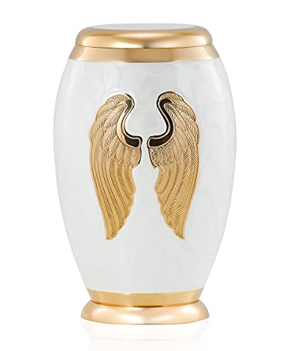 Nazareth Store Wings Adult Cremation Urn for Human Ashes Elegant Elite Pearl White with Gold Flower,Hand Made Brass Classy Finish to Honor Your Loved One - with Velvet Box