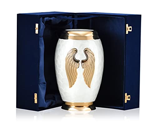 Nazareth Store Wings Adult Cremation Urn for Human Ashes Elegant Elite Pearl White with Gold Flower,Hand Made Brass Classy Finish to Honor Your Loved One - with Velvet Box