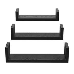 greendew wall mounted floating shelves set of 3, modern display hanging shelves, wood storage shelves for room, kitchen, office, home decor (black)