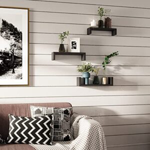 GREENDEW Wall Mounted Floating Shelves Set of 3, Modern Display Hanging Shelves, Wood Storage Shelves for Room, Kitchen, Office, Home Decor (Black)