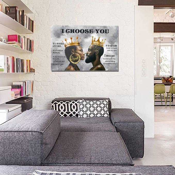 African American Wall Art Black King And Queen Couple Wall Art Black Couple I Choose You Poster African American Lovers Couple Canvas Prints Painting Home Decor For Bedroom Living Room 16X24 inch