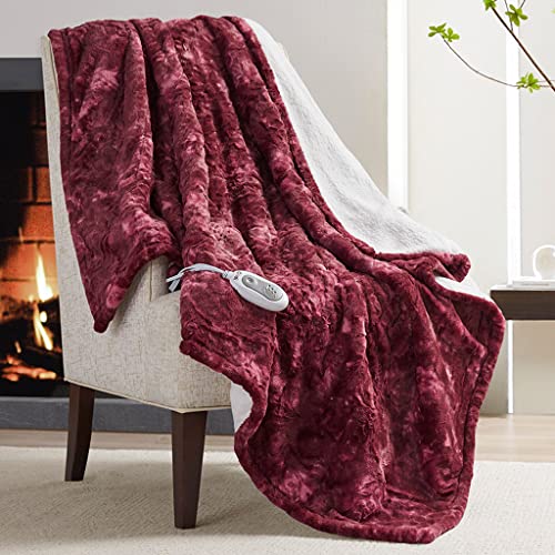 Codi Soft Oversize Heated Throw Blanket, Burgundy Faux Fur with Fuzzy Sherpa Back | 60 x 70 Oversized Electric Throws for Couch | 3 Heat Setting with Auto Shut Off, 6ft Power Cord | Washable