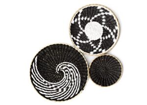 outer woods boho wall decor wicker baskets | decorative african woven rattan seagrass hanging basket for home | small and large boho home round flat art plates set of 3 | unique handmade boho basket