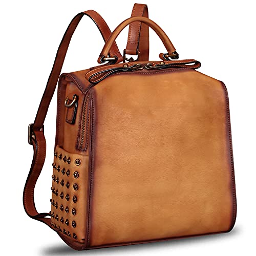 Genuine Leather Backpack for Women Convertible Satchel Vintage Rucksack Casual Back Bag Shoulder Bag Retro Cowhide Handbag Purse Daypack (Brown)