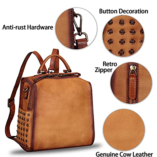 Genuine Leather Backpack for Women Convertible Satchel Vintage Rucksack Casual Back Bag Shoulder Bag Retro Cowhide Handbag Purse Daypack (Brown)