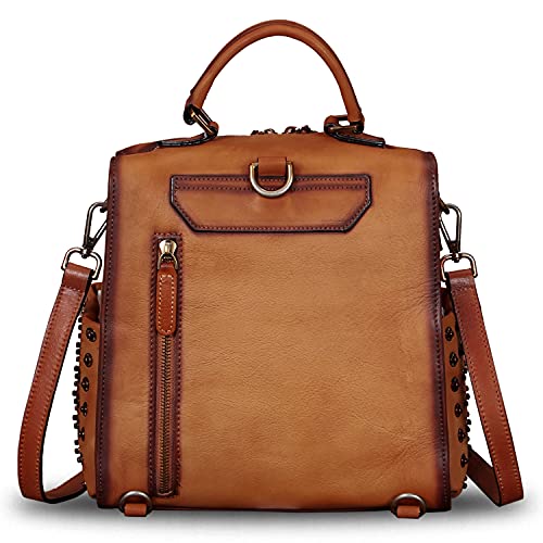 Genuine Leather Backpack for Women Convertible Satchel Vintage Rucksack Casual Back Bag Shoulder Bag Retro Cowhide Handbag Purse Daypack (Brown)