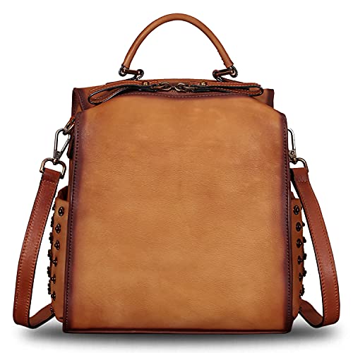 Genuine Leather Backpack for Women Convertible Satchel Vintage Rucksack Casual Back Bag Shoulder Bag Retro Cowhide Handbag Purse Daypack (Brown)