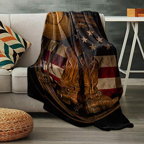 Wesern Cowboy Throw Blanket 4th of July Blanket Farmhouse Flannel Fleece Throws,Vintage Hat Boots Lightweight Fuzzy Warm Soft Blankets,American Flag Patriot Plush Cozy Sofa Blanket-All Seasons Use