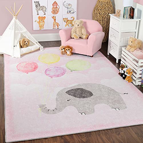 SUPERIOR Kids Indoor Area Rug, Elephant Design, Cute Rugs for Bedroom, Nursery, Playroom, Living Room, Entryway, Unique Accent, Soft Cotton Backed Rugs, Nursery Collection, 5'7" x 8'9", Soft Pink