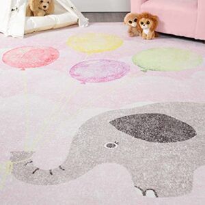 SUPERIOR Kids Indoor Area Rug, Elephant Design, Cute Rugs for Bedroom, Nursery, Playroom, Living Room, Entryway, Unique Accent, Soft Cotton Backed Rugs, Nursery Collection, 5'7" x 8'9", Soft Pink