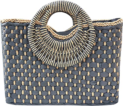 QZUnique Hand-woven Straw Bag Women Summer Beach Handbag Casual Satchel Retro Top Handle Tote Clutch