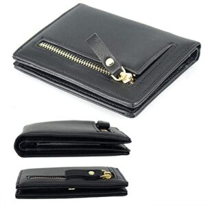 SUMGOFO Small Wallet for Women Slim Leather Card Holder RFID Mini Bifold Short Front Zipper Pocket Coin Purse (Black)