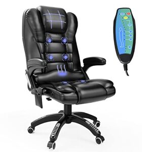 ergonomic massage office chair with heated, faux leather high back executive 6 pointed vibrating computer gaming chair with lumbar support, adjustable back recline swivel 360° desk chair, black