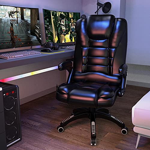 Ergonomic Massage Office Chair with Heated, Faux Leather High Back Executive 6 Pointed Vibrating Computer Gaming Chair with Lumbar Support, Adjustable Back Recline Swivel 360° Desk Chair, Black