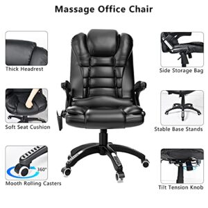 Ergonomic Massage Office Chair with Heated, Faux Leather High Back Executive 6 Pointed Vibrating Computer Gaming Chair with Lumbar Support, Adjustable Back Recline Swivel 360° Desk Chair, Black